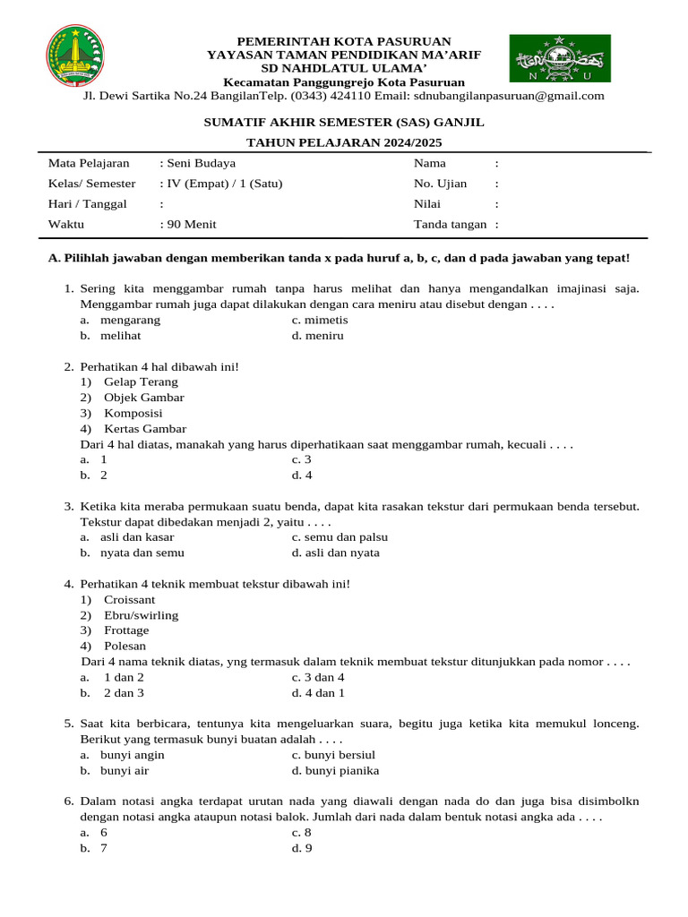 Soal Sas 1 Seni Budaya Kelas 4 (2024-2025) | PDF