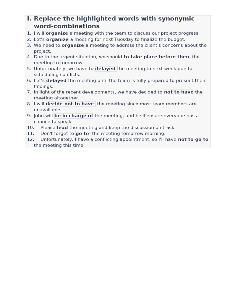 I. Replace The Highlighted Words With Synonymic Word-Combinations | PDF