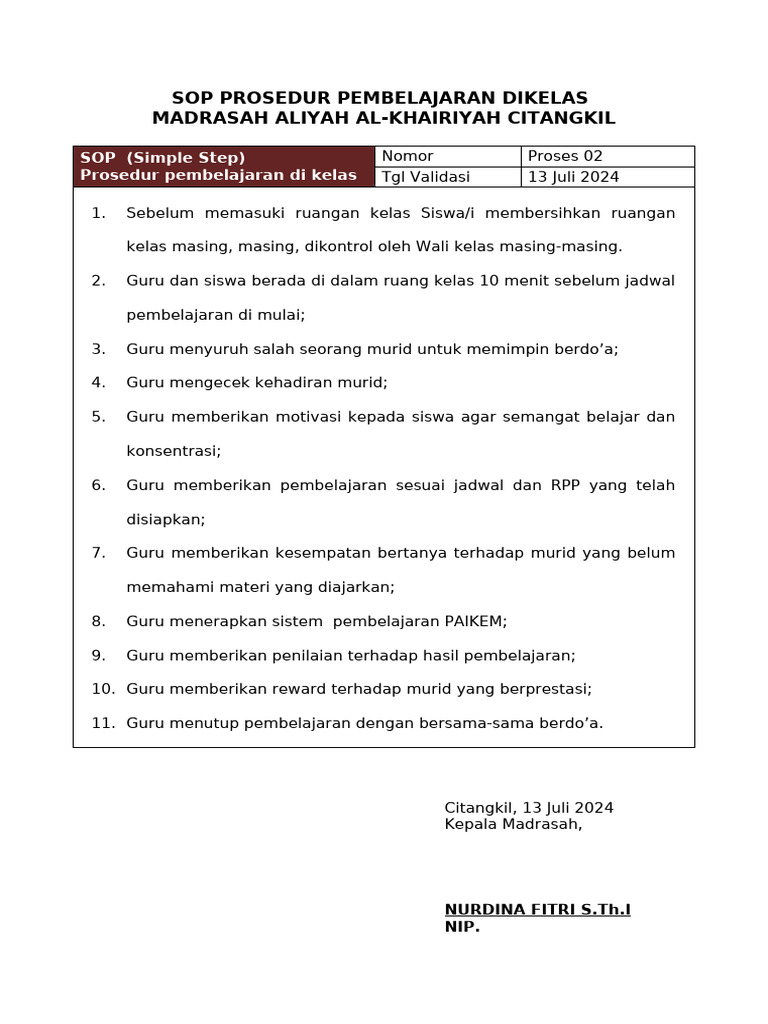 SOP Pembelajaran Di Kelas | PDF