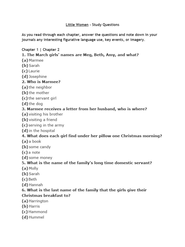 Little Women Chapters 1 10 Study Questions 2 | PDF | Little Women