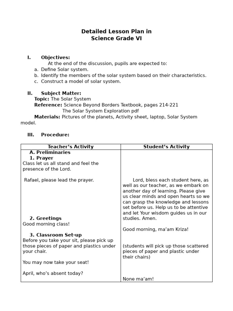 Grade VI Solar System Lesson Plan | PDF | Planets | Atmosphere
