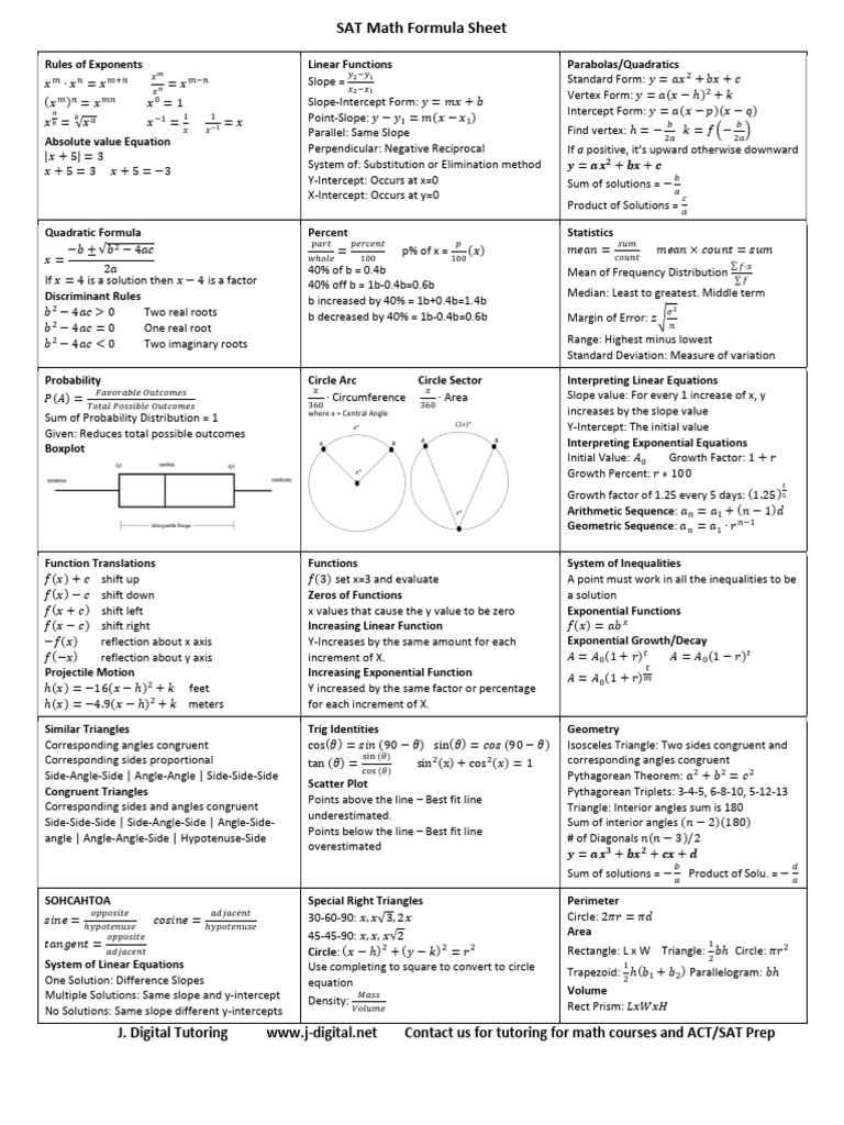 SATMathFormula1 1 1 | PDF | Quadratic Equation | Mathematics