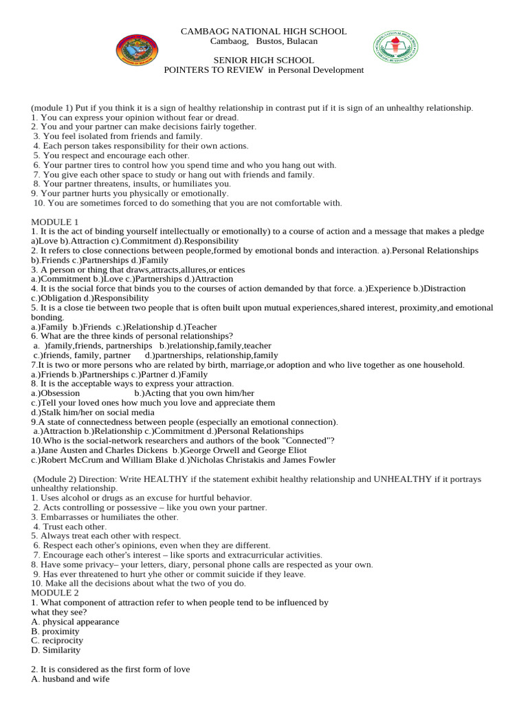 Long Quiz Pointers To Review in Personal Development | PDF | Family | Love