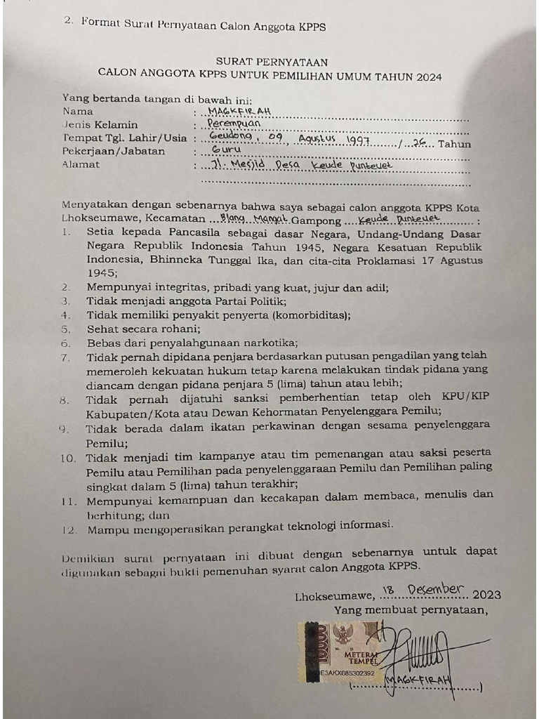 Surat Pernyataan Kpps | PDF