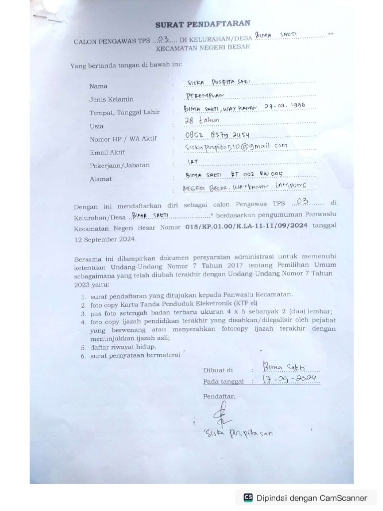 Pendaftaran Siska Puspita Sari | PDF