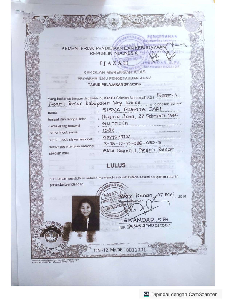 Ijazah Siska Puspita Sari | PDF