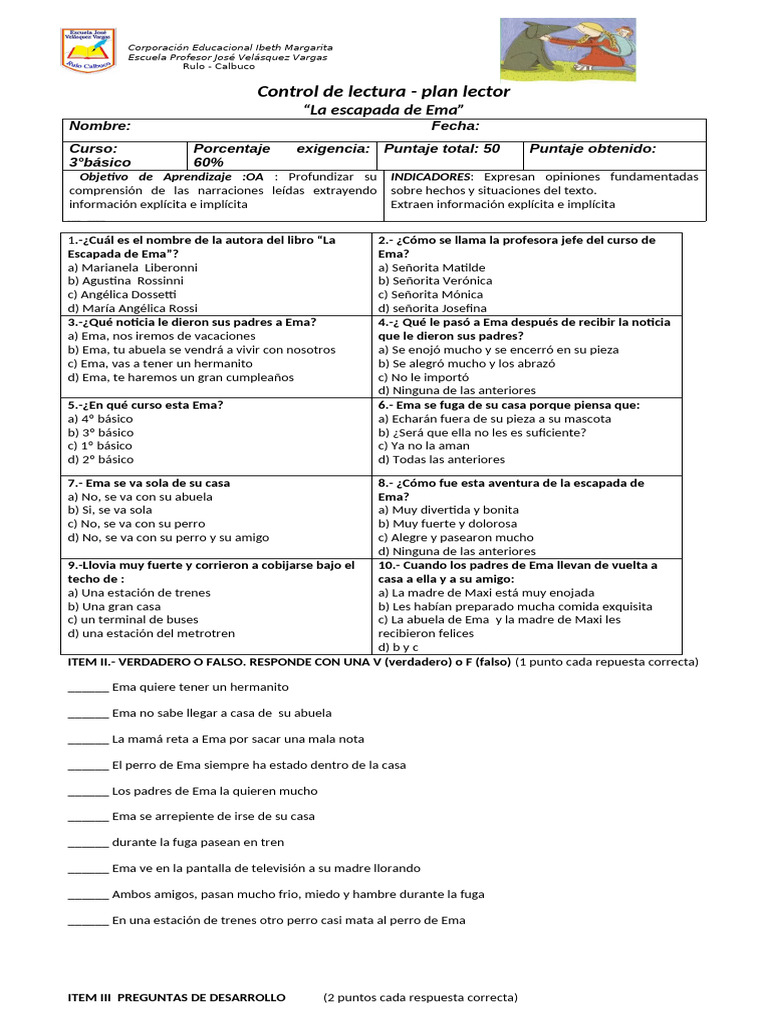 Prueba Plan Lector La Escapada de Ema | PDF