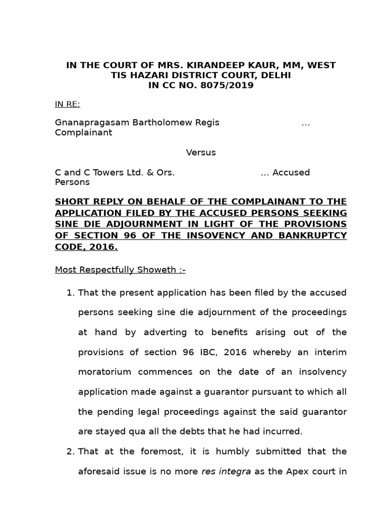 Reply To 96 IBC Application | PDF | Business Law | Private Law