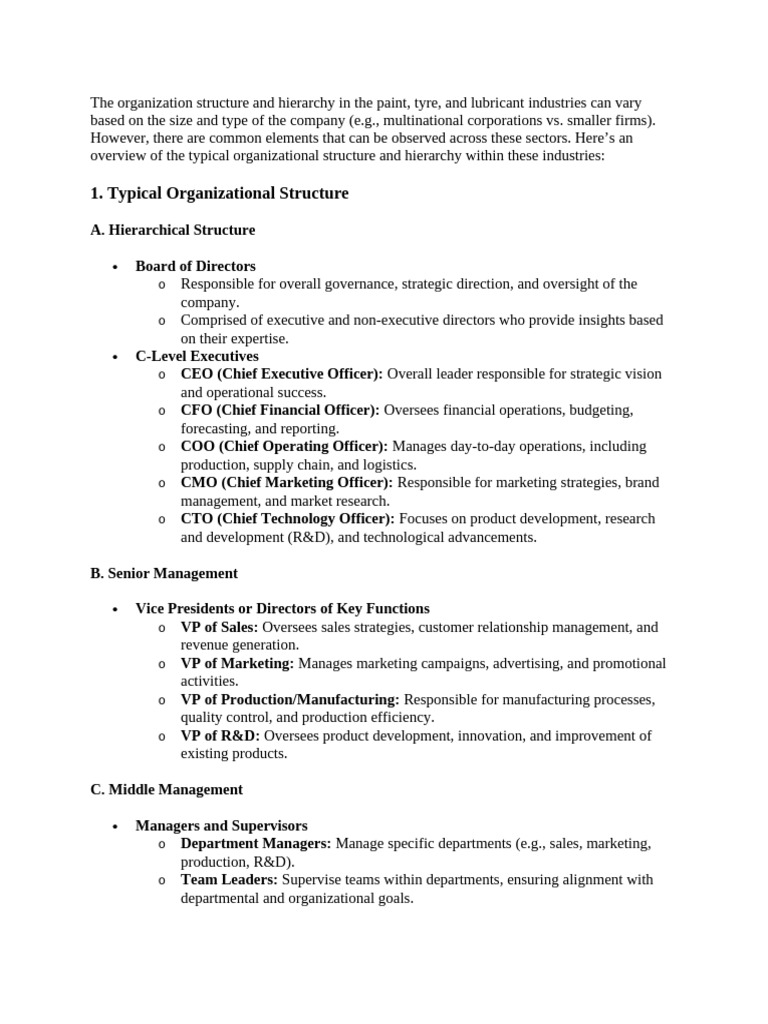 Organization Structure and Hierarchy in Paint, Tyre, and Lubricant ...