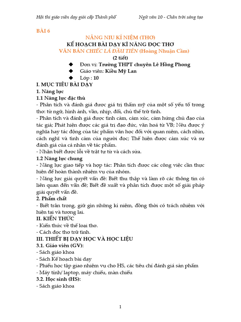 KHBD Chiec La Dau Tien Thi GV Gioi THPT TPHCM Nv10 | PDF