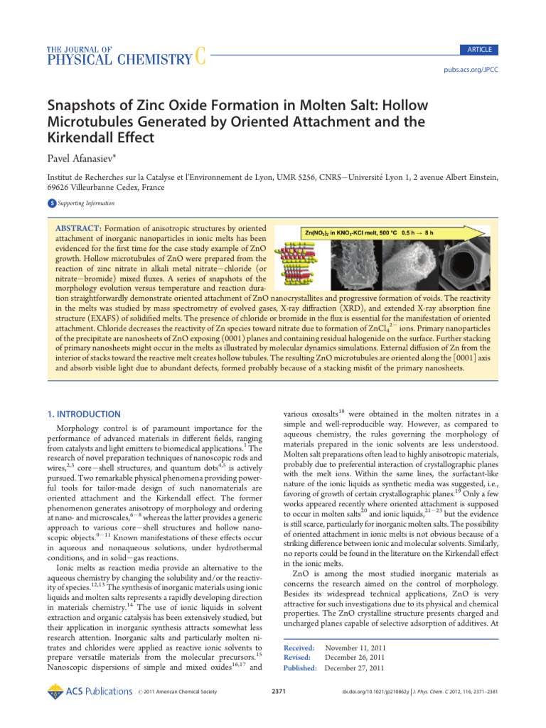 Snapshots of Zinc Oxide Formation in Molten Salt: Hollow Microtubules ...