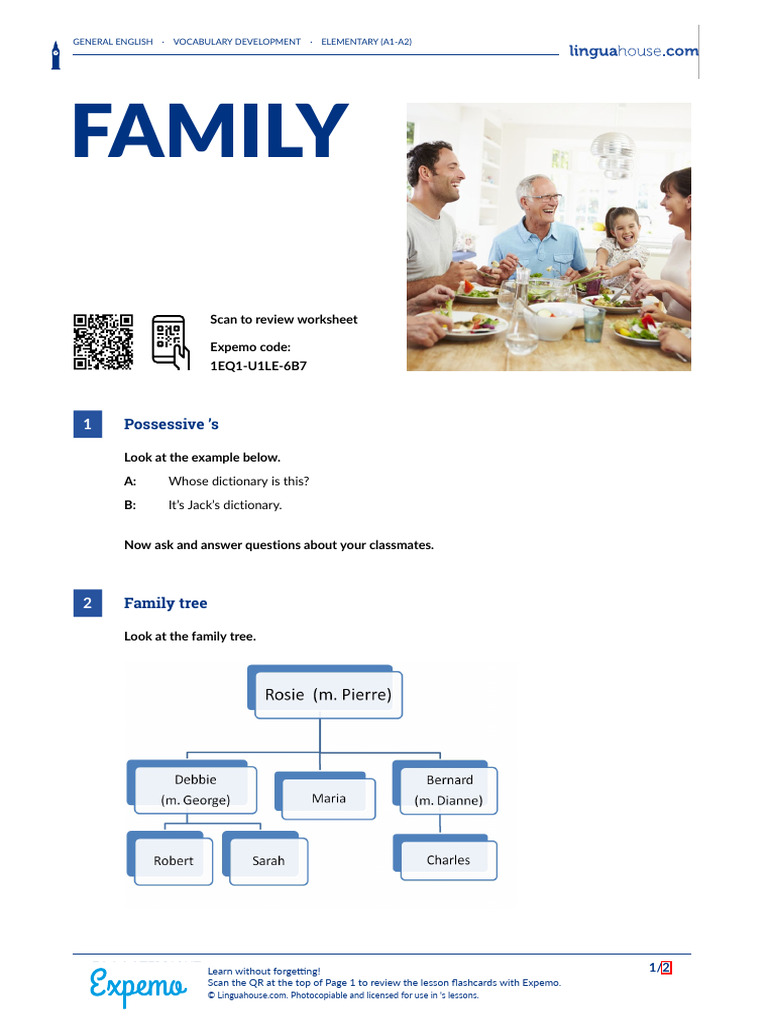 Family Vocabulary Worksheet A1-A2 | PDF | Learning | Linguistics
