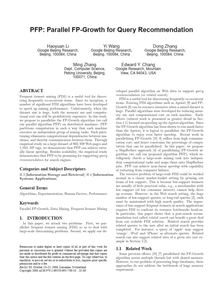 Pfp Parallel Fp Growth For Query Recommendation Pdf Central Processing Unit Map Reduce