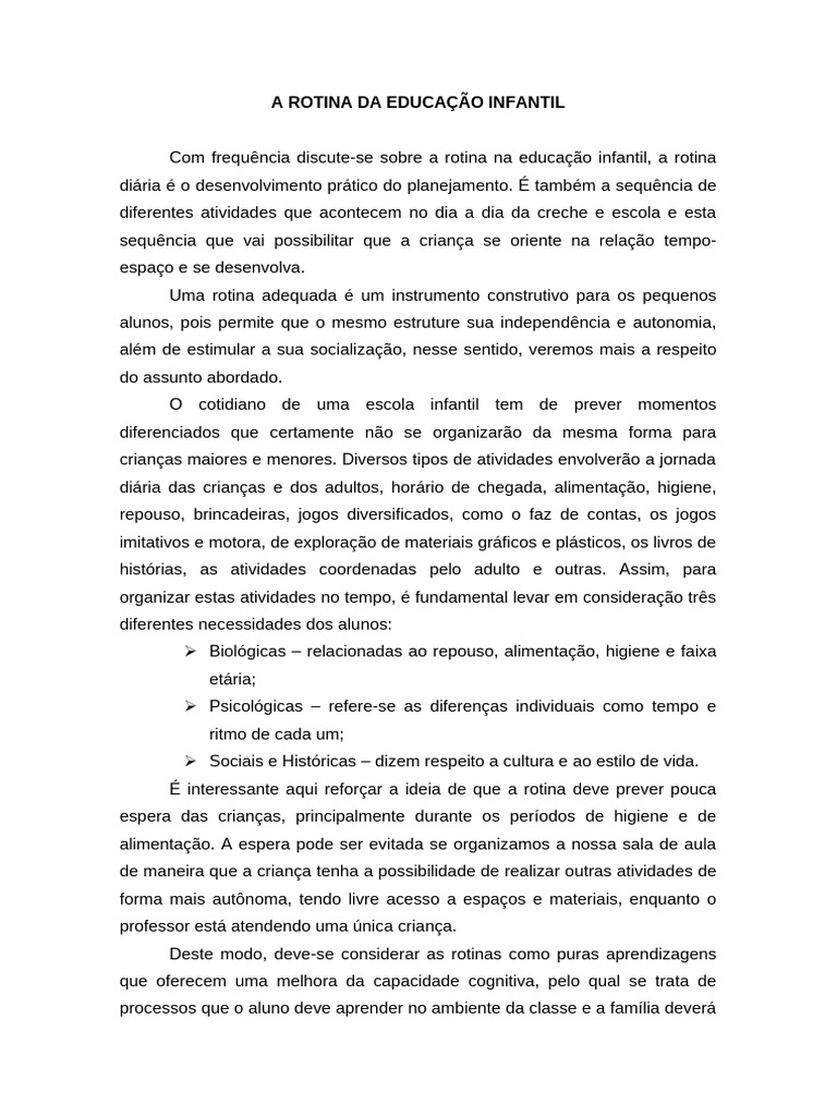 A Rotina Da Educação Infantil | PDF | Pré-escola | Aprendizado