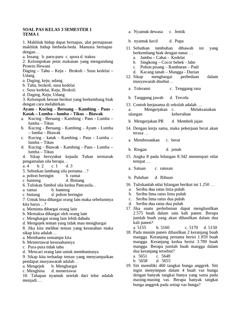 Soal Pas Tema 1 Kelas 3 Semester 1 | PDF | Griya & Taman