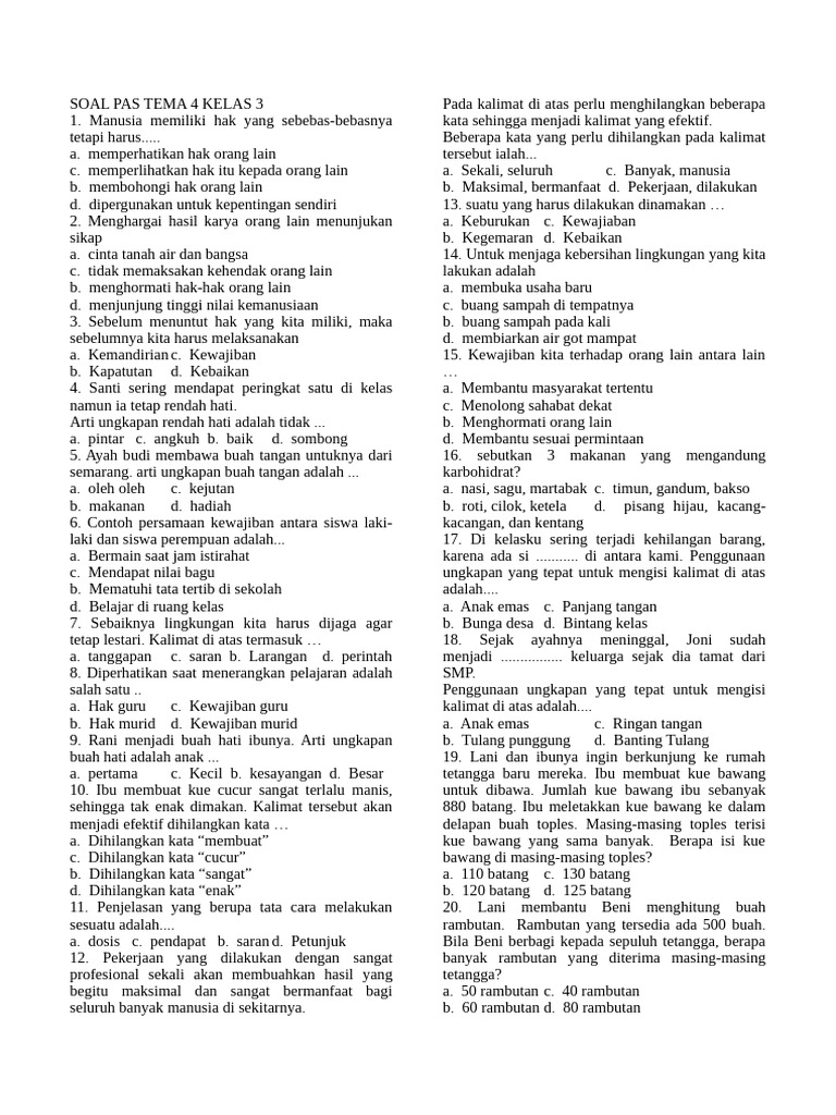 Soal Pas Tema 4 Kelas 3 | PDF