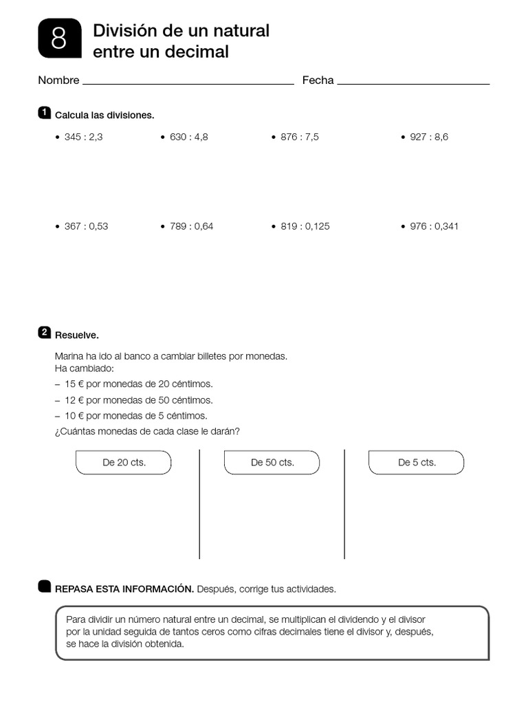 División de Naturales entre Decimales | PDF