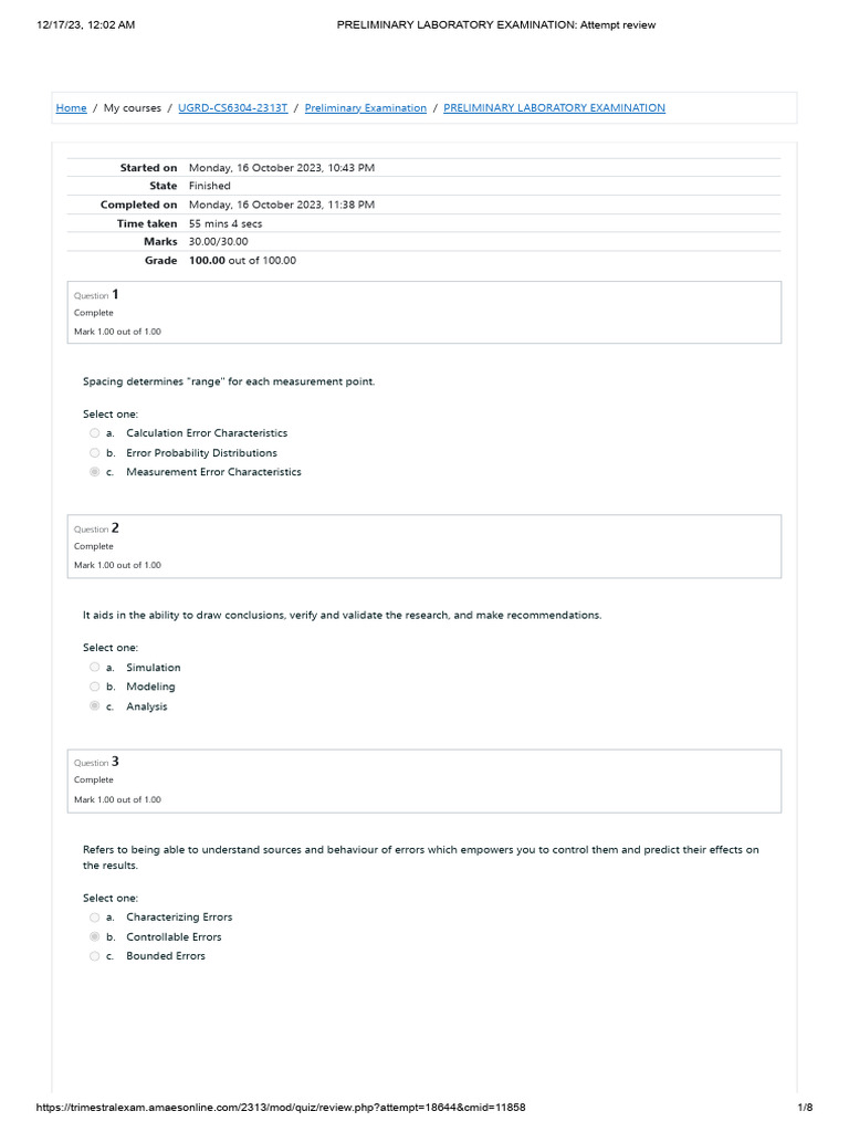 Preliminary Laboratory Examination - Attempt Review | PDF | Applied ...