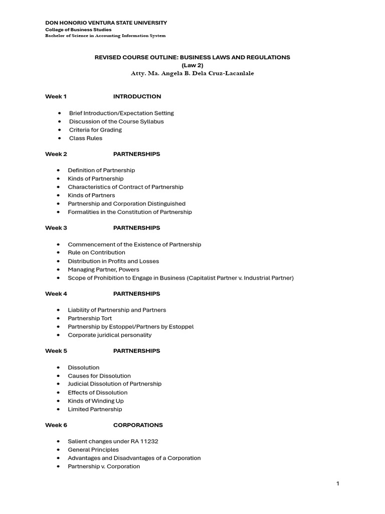 Revised Course Outline Law 2 - 241011 - 195519 | PDF | Partnership ...
