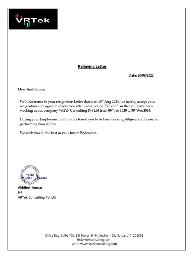 Relieving Letter - Service Certificate - Amit | PDF