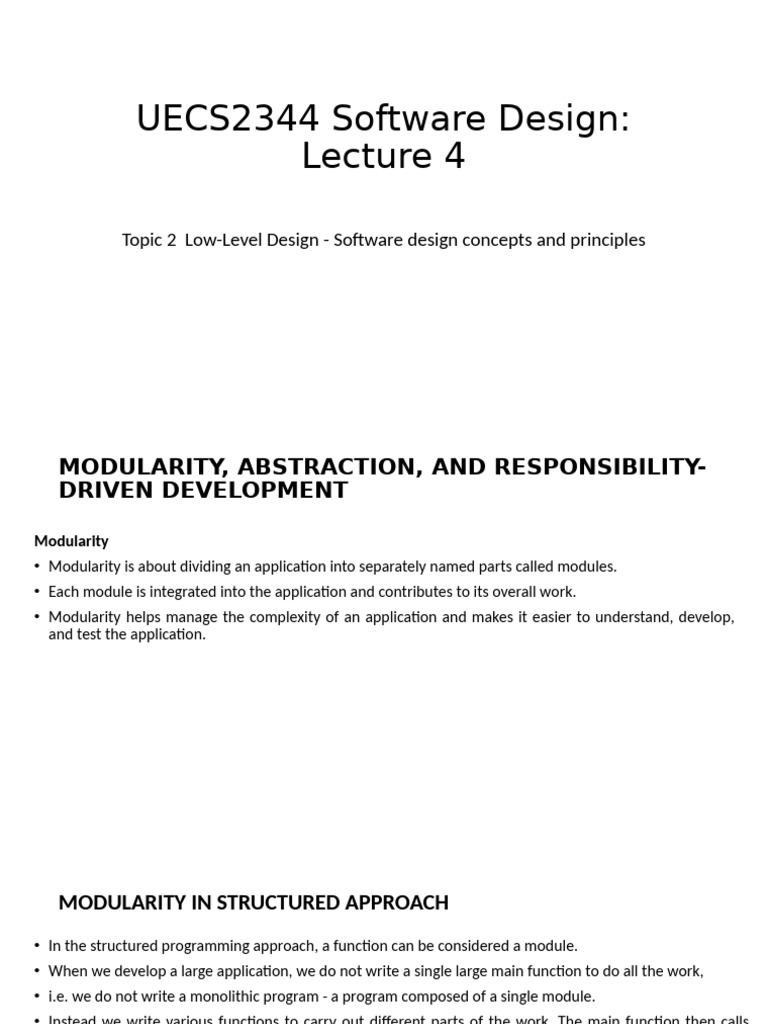 Lecture 04-1 Wk4 - Topic 2 Low-Level Design - Software Design Concepts and Principles | PDF ...