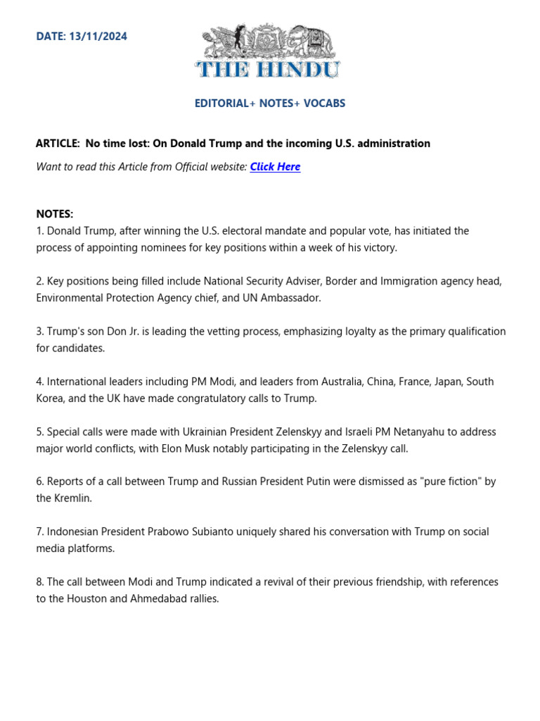 TH Editorial Notes+Vocabs+MCQ's 13-11-2024.. | PDF | Donald Trump ...