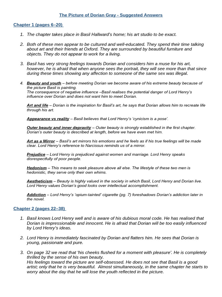 Dorian Gray Chapter 1-9 Q&A Guide | PDF | The Picture Of Dorian Gray ...