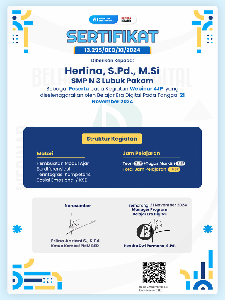 Sertifikat - Herlina, S.PD., M.Si | PDF