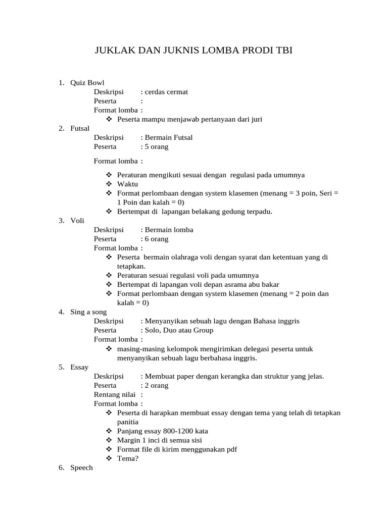 JUKLAK - DAN - JUKNIS - LOMBA - PRODI - TBI Rev | PDF | Olahraga & Rekreasi | Seni & Disiplin Bahasa
