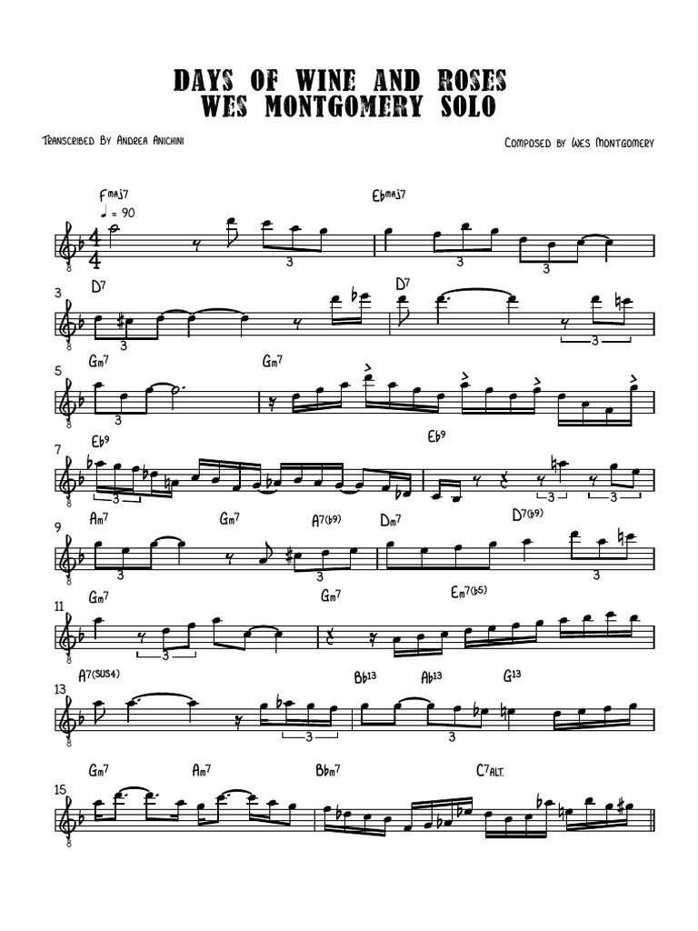 Days of Wine and Roses Guitar Solo (Wes Montgomery Transcription) | PDF ...