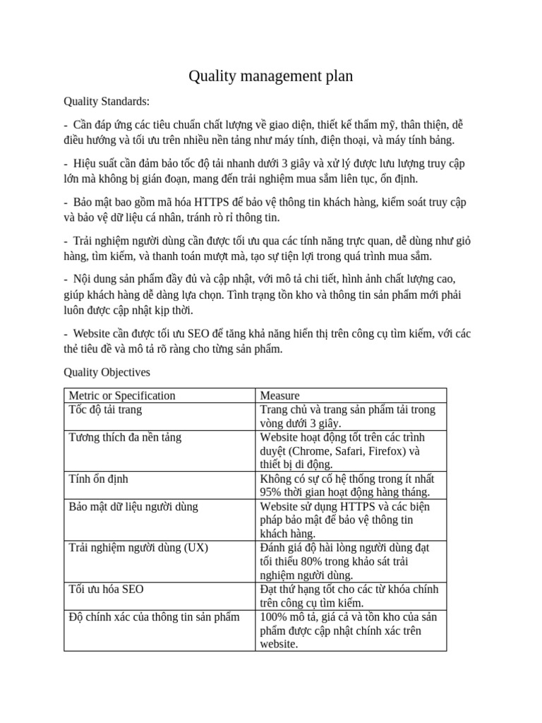 Quality Management Plan | PDF