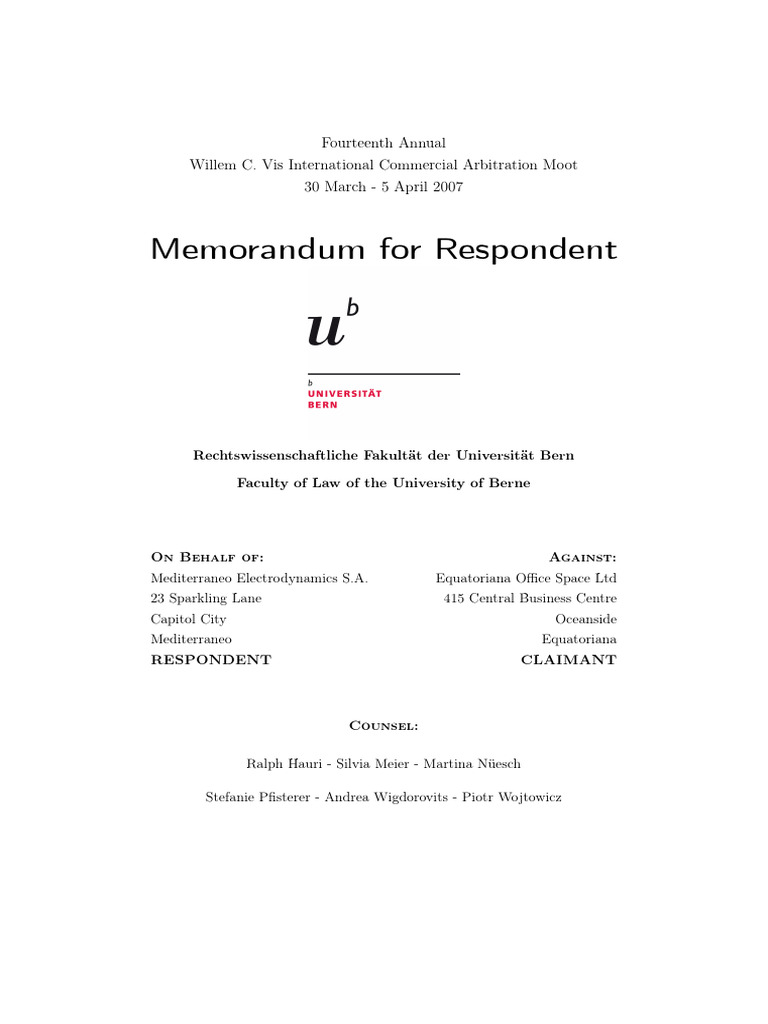 Memorandum For Respondent University of Berne14 | PDF | Arbitration | Jurisdiction
