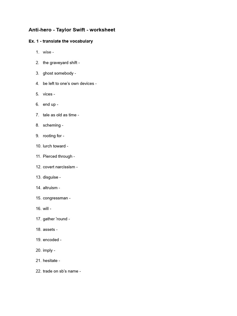 Taylor Swift Anti-Hero Worksheet | PDF