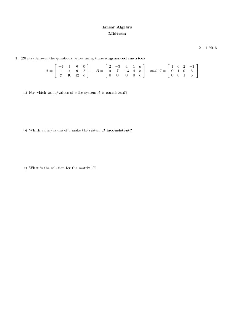 Sample Exam Mid | PDF | Matrix (Mathematics) | Algebra