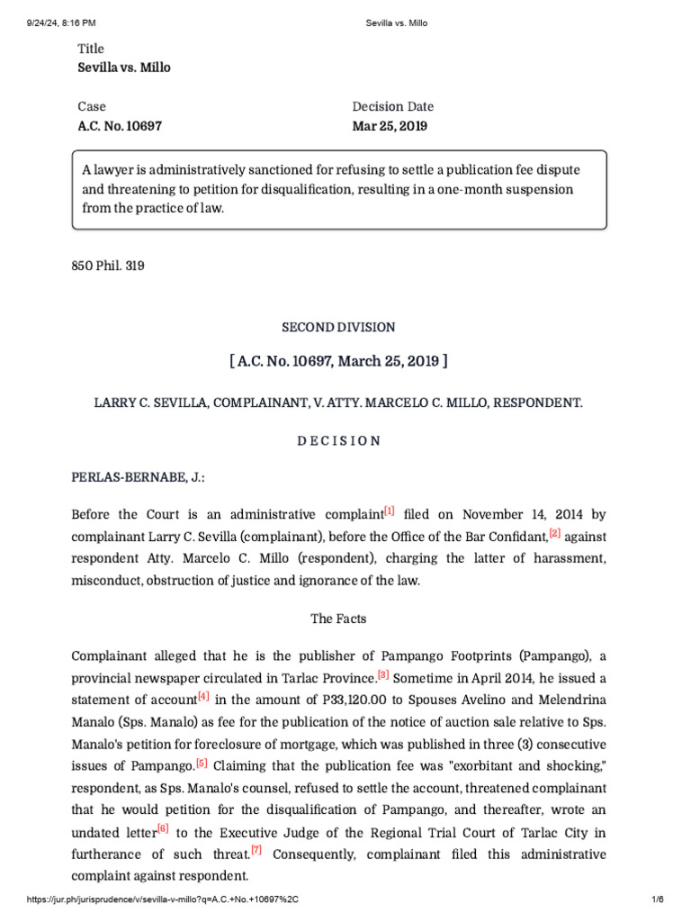 04 Sevilla vs. Millo (6 Pages) | PDF | Lawyer | Complaint