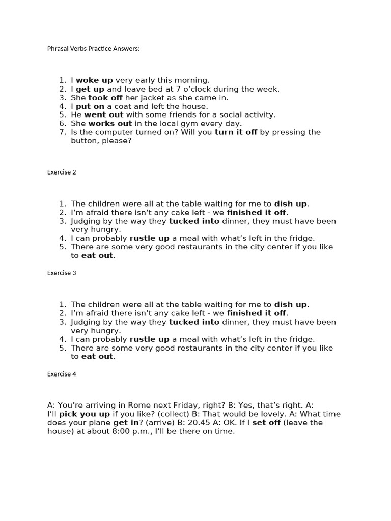 Phrasal Verbs Practice Answers | PDF