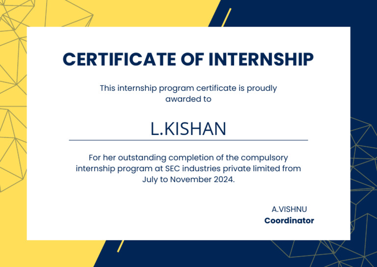 Certificate of Internship: L.Kishan | PDF