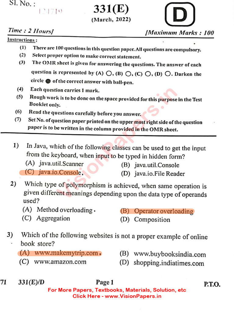 12th Computer - 2022 March) (Sec D) (Ans) (VisionPapers - Org) | PDF | Career & Growth