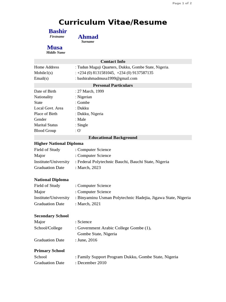 Bashir Ahmad Musa CV | PDF | Nigeria