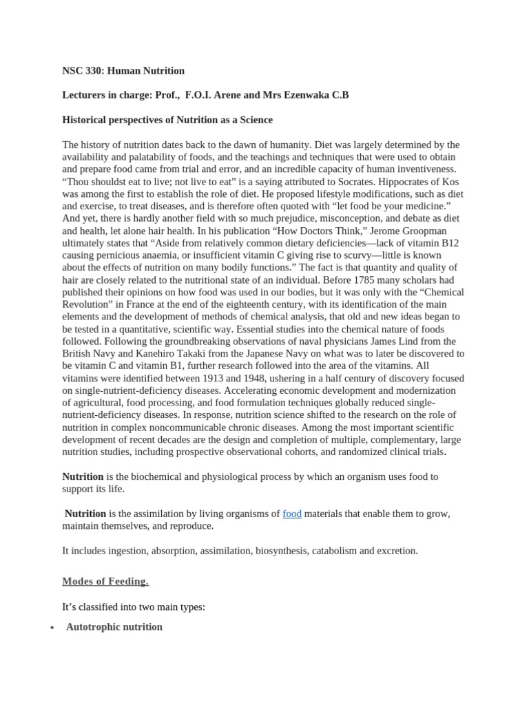 Human Nutrition note | PDF | Digestion | Nutrients