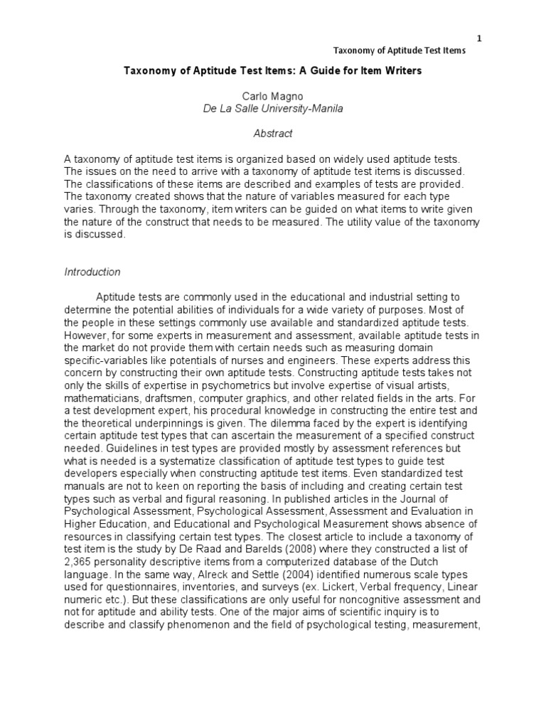 Aptitude Test Item Taxonomy Guide | PDF | Wechsler Adult Intelligence ...