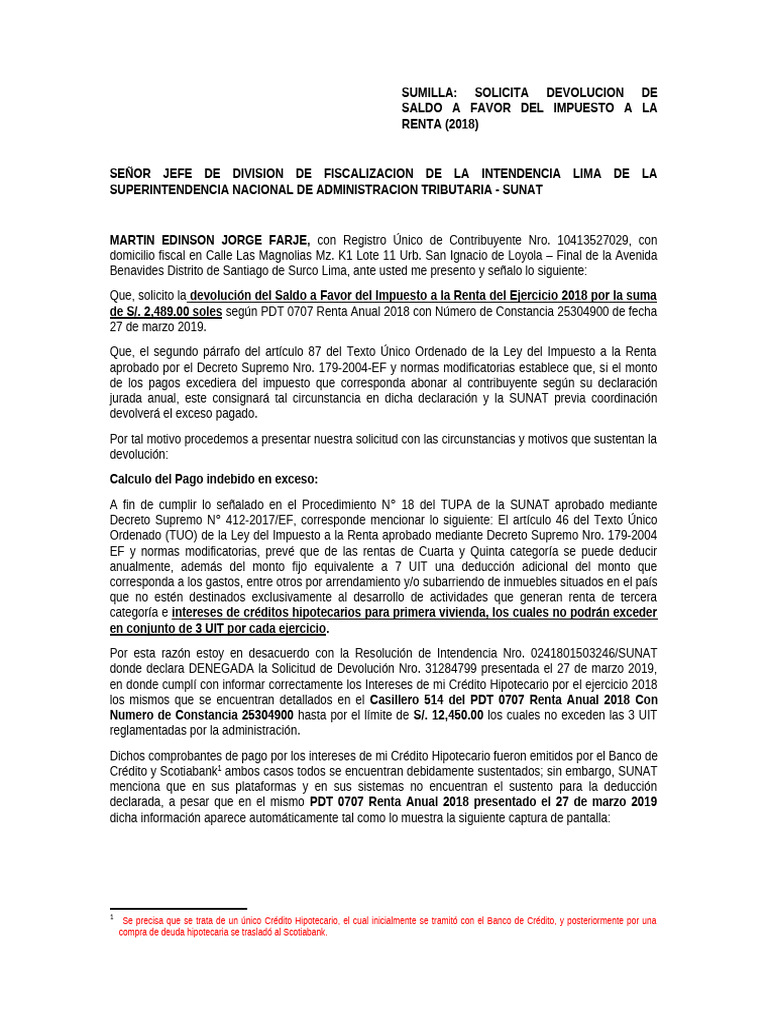 Escrito Devolucion - 2018 | PDF | Impuesto sobre la renta | Impuestos