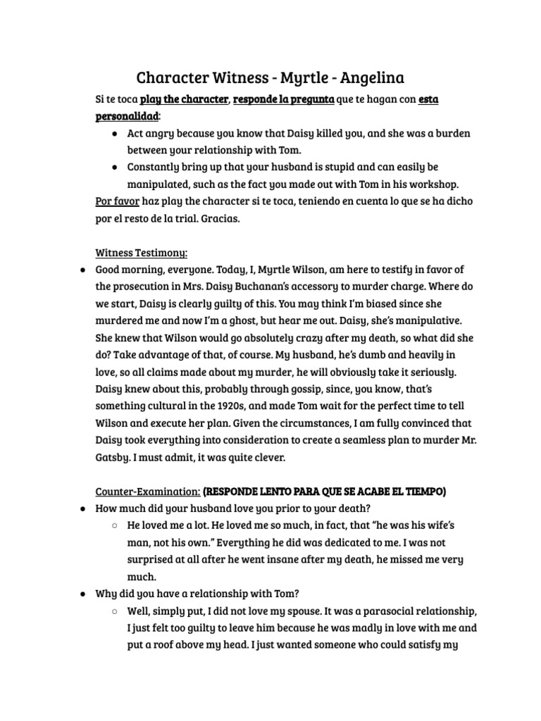 Great Gatsby Character Witness | PDF | The Great Gatsby | Witness