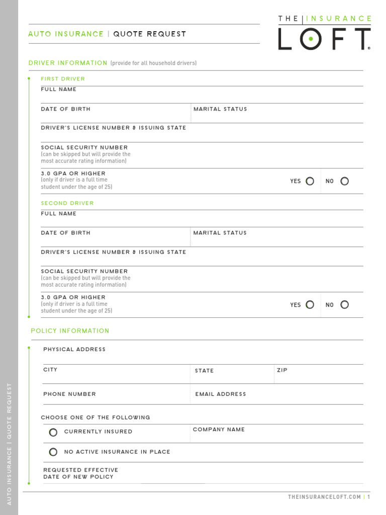 Auto Insurance Quote Request Form | PDF | Vehicle Insurance | Insurance