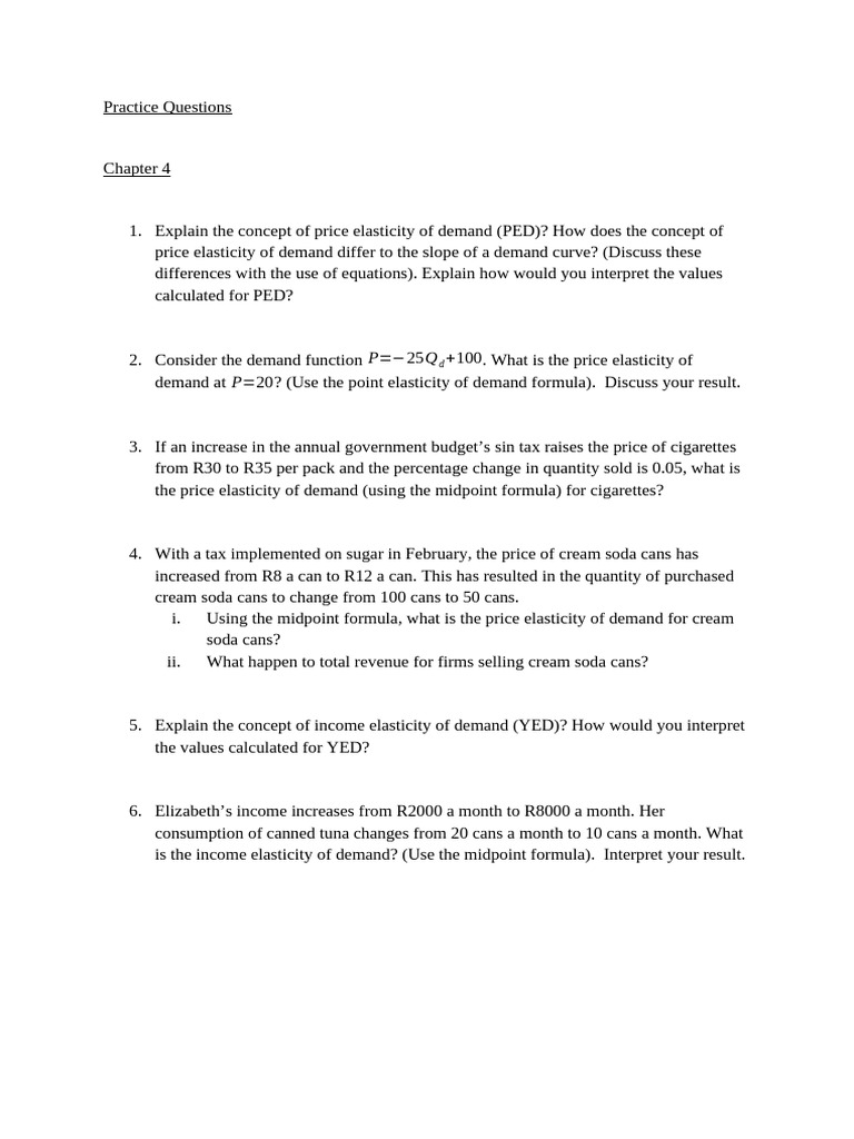 Chapter 4 Practice Questions | PDF | Price Elasticity Of Demand | Demand
