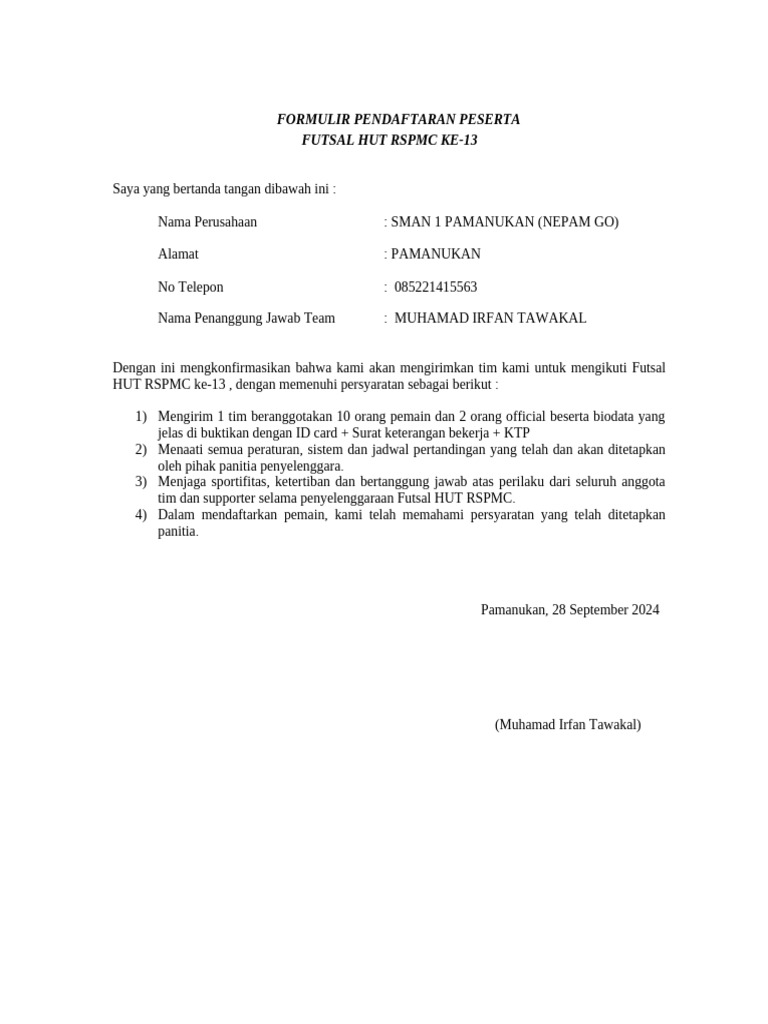 Formulir Pendaftaran FUTSAL RSPMC | PDF