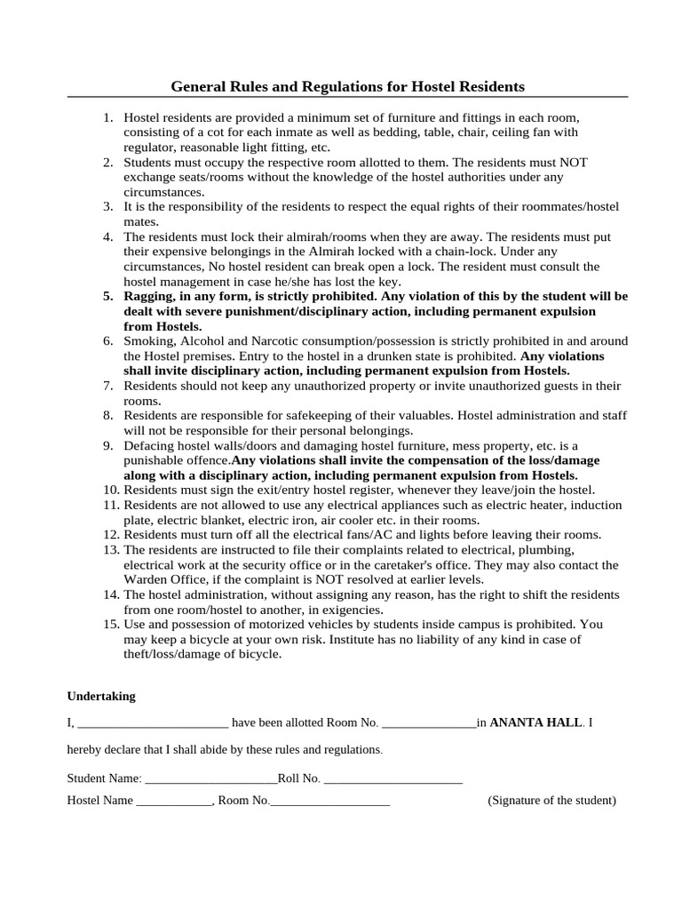 General Rules and Regulations For Hostel Residents | PDF