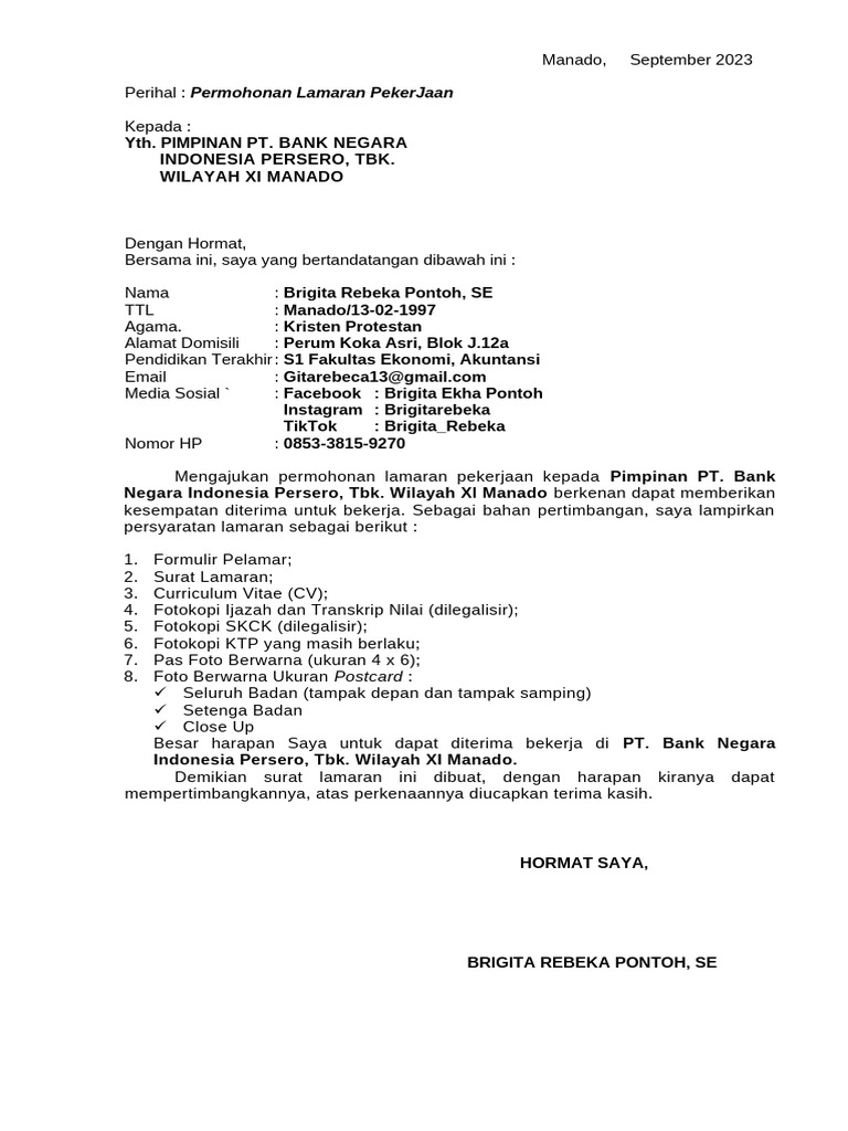 Surat Lamaran Bni Brigita | PDF