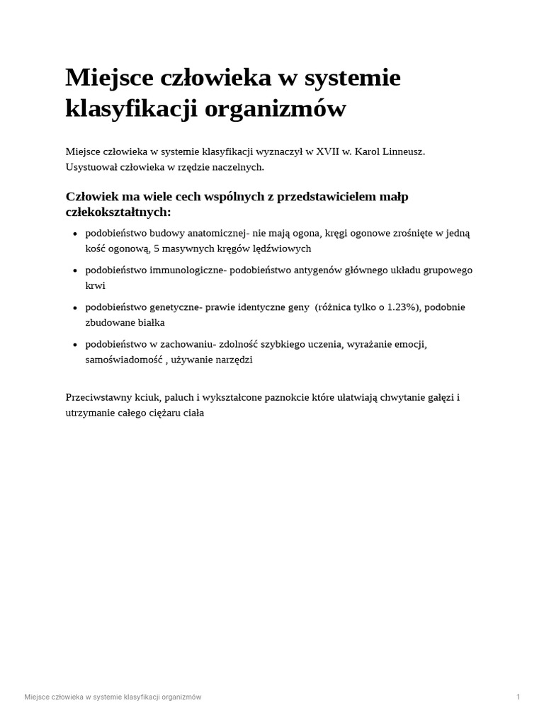 1.2. Miejsce Człowieka W Systemie Klasyfikacji Organizmów | PDF