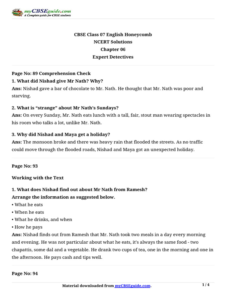 07 English Ncert Honeycomb CH 06 Expert Detectives Ques | PDF ...